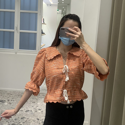 百搭V领短袖V领收腰抽绳粗呢上衣