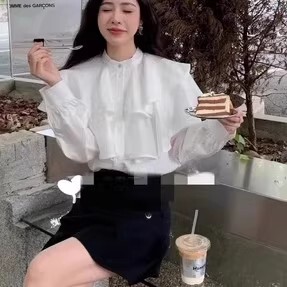 优雅荷叶边圆领真丝衬衫