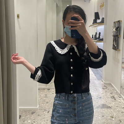 蕾丝娃娃领泡泡袖开衫