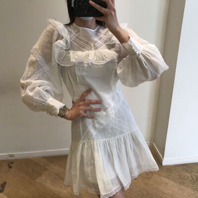 maSande2021荷叶边蕾丝拼接泡泡袖连衣裙SFPRO01635