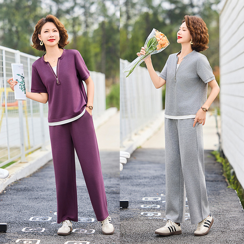 妈妈夏装短袖运动套装洋气中老年女装大码两件套减龄