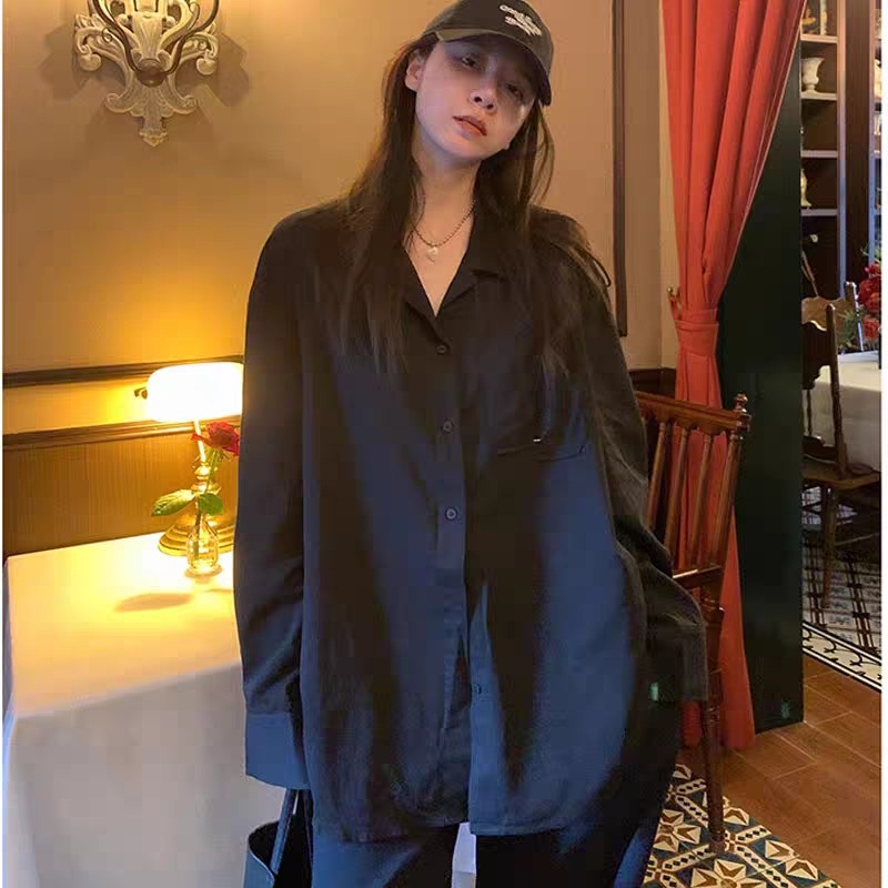 LIL CHER黑色长袖衬衫女春秋新款薄款宽松慵懒风纯棉衬衣外套上衣_虎窝淘