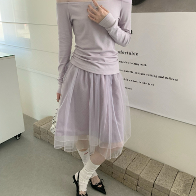 eternal.西子-春夏首爆斜肩网纱长袖百搭质感小衫51797