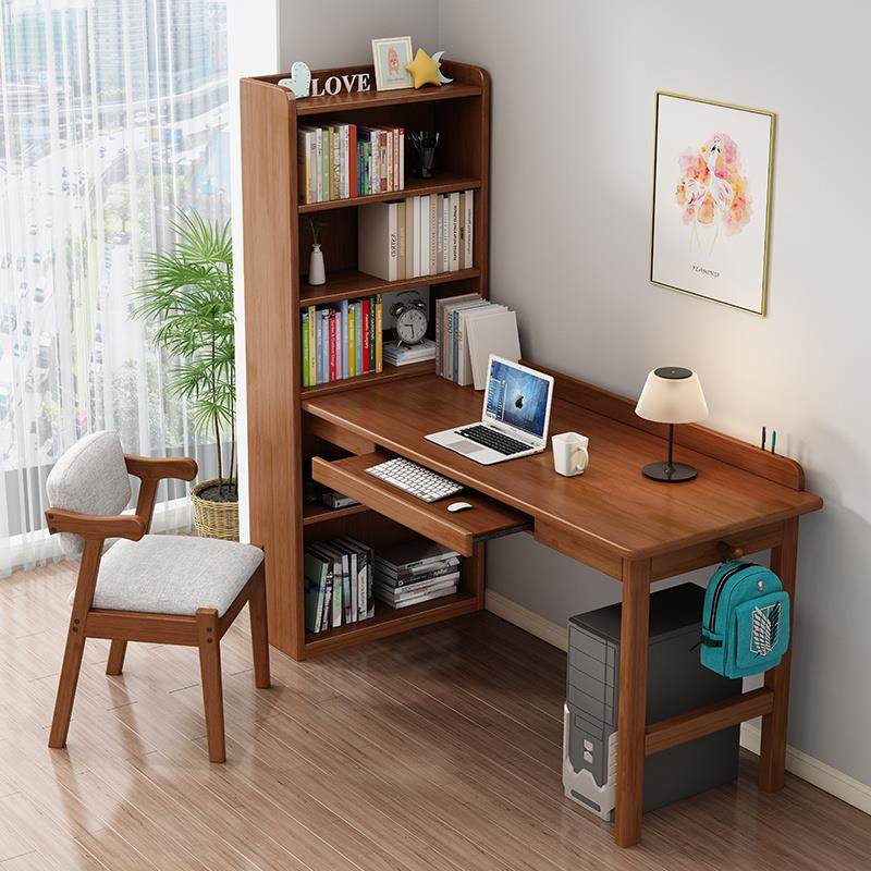 全实木转角书桌书架一体组合电脑桌家用办公桌卧室靠窗学习写字桌_虎窝淘