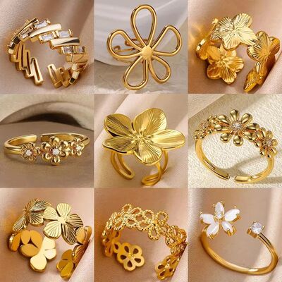 Stainless Steel Exaggerated Big Flower Rings For Women Gold