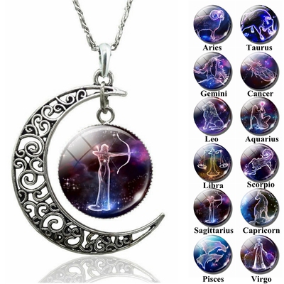 12 Constellation Necklace Zodiac Signs Cabochon Glass