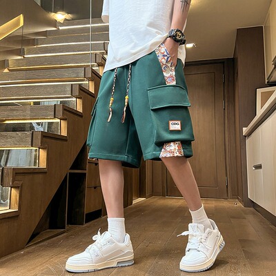 新中式工装短裤男夏季宽松刺绣男