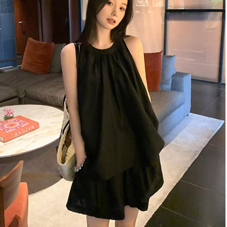 棉麻山本风运动套装女夏季慵懒风无袖挂颈上衣时尚阔腿短裤两件套