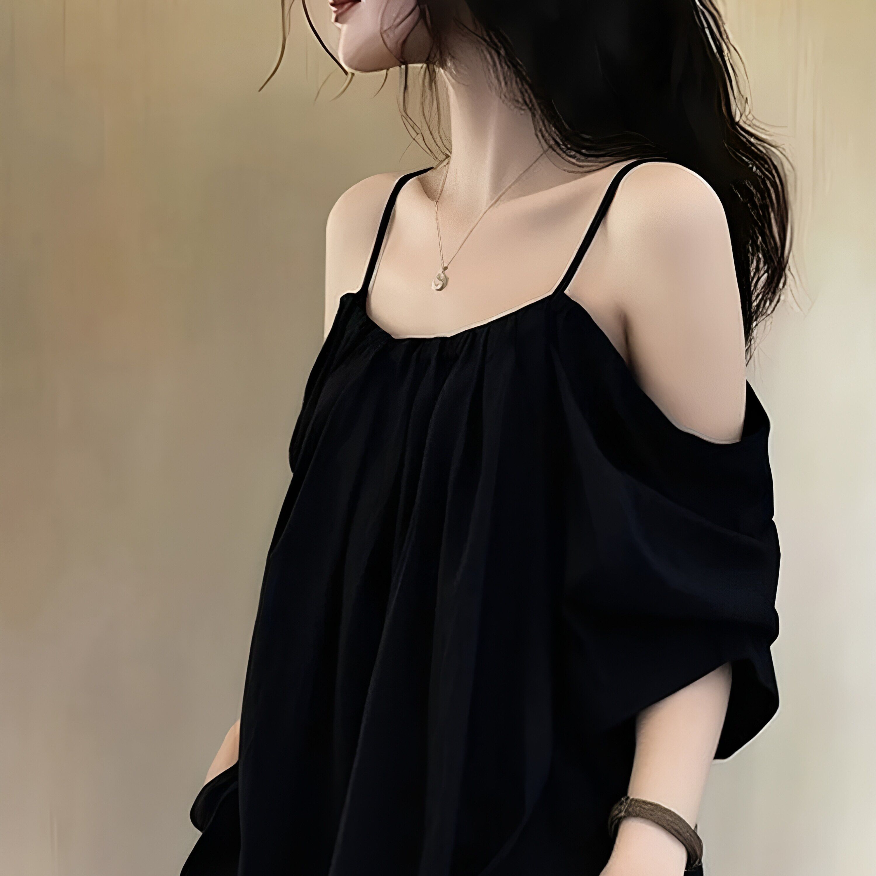 泰国绝美巨辣黑色小吊带背心T恤女夏外穿薄款设计感小众短袖上衣