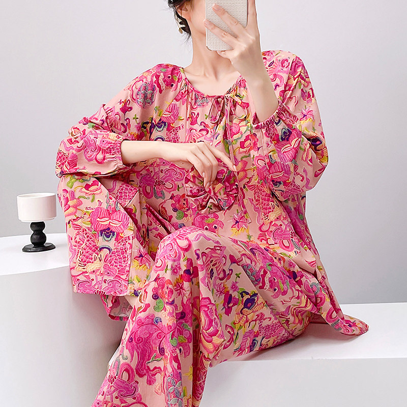 夏季凉感棉绸睡衣女薄款家居服透气吸汗柔软人造棉宽松套装新中式