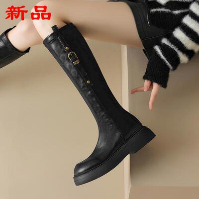 膝风粗高筒跟皮带扣靴秋冬厚底女骑士英伦真皮不过长筒靴长靴2025