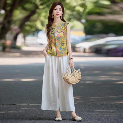 MC8032-0新式花套装件女中夏季新款复古盘扣上衣阔腿裤印两套
