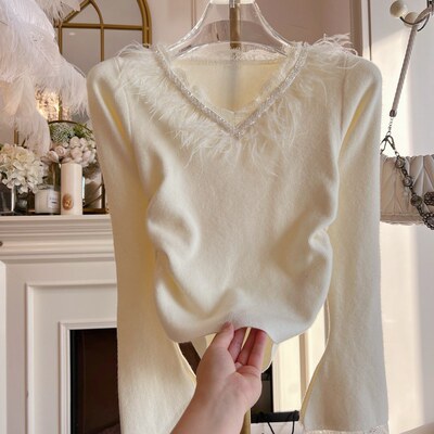 温柔风气质毛衣打底衫上衣拼接蕾丝羽毛串珠修身显瘦喇叭袖针织衫