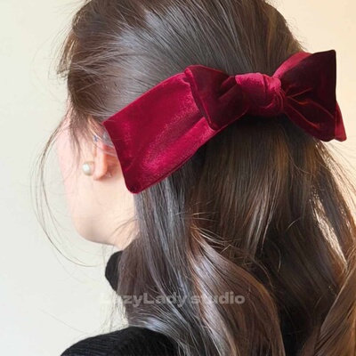hen正的酒红 气质复古经典丝绒蝴蝶结弹簧夹顶夹盘发夹子公主夹