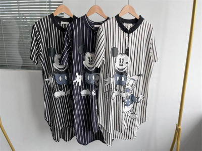 微瑕薄款竖条纹中长款棒球服米奇卡通印花短袖衬衫裙衬衫外套C7
