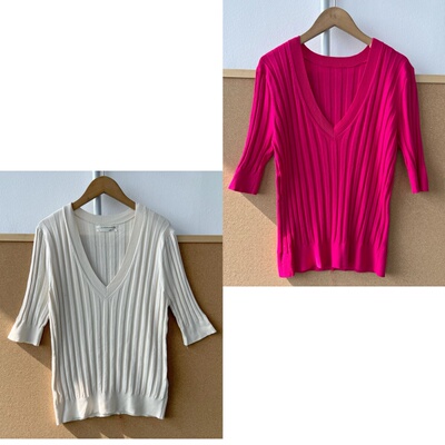 南11-47韩系V领坑条中袖针织衫女修身显瘦百搭高弹舒适上衣Z25-11