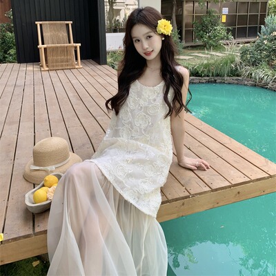 实拍实价~海边度假风气质长裙法式复古重工立体绣花拼接连衣裙