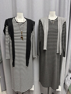 LZ HOUSE韩版宽松显瘦百搭圆领长袖懒人条纹连衣裙 披肩两件套