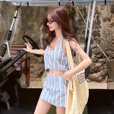 竖纹清爽无袖背心上衣半裙套装