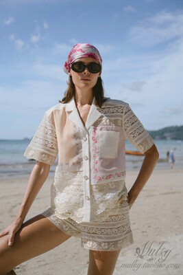 Janesuda蕾丝口袋衬衫上衣短裤