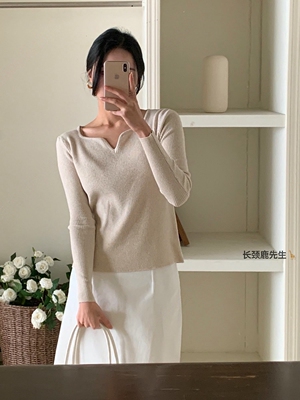 2026年春季新款韩国东大门 knit别致领口螺纹修身针织衫