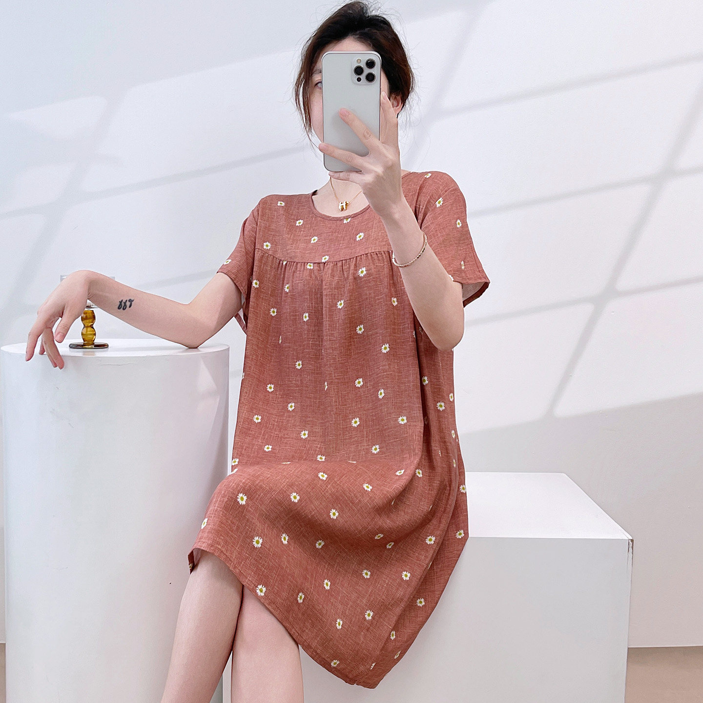 睡衣女套头宽松睡裙家居服绵绸大码薄款简约中裙棉绸夏季短袖圆领