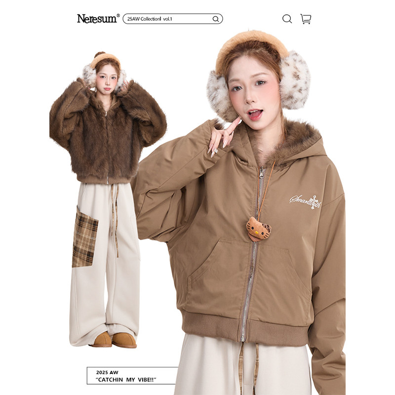 NERESUM美式毛领双面穿连帽棉服外套女秋冬潮牌宽松短款夹克棉衣