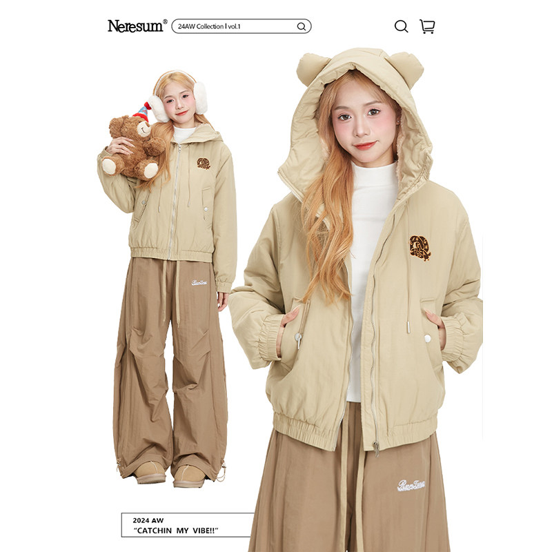 NERESUM冬季美式复古小熊耳朵连帽棉衣女宽松保暖慵懒派克服外套