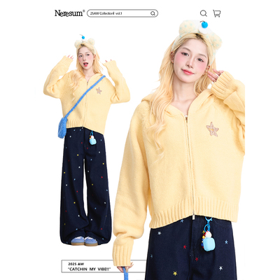 NERESUM五角星贴布开衫连帽毛衣