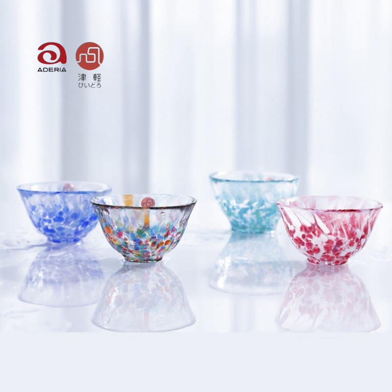 日本ADERIA进口手工烧玻璃五色杯清酒杯彩色茶杯礼盒铂金酒杯
