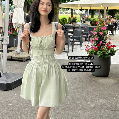 收腰显瘦绑带无袖吊带连衣裙女