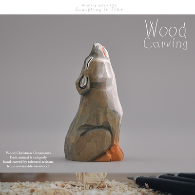 外贸出口木雕 嘶吼的小狼 动物模型 大师手工雕刻实木收藏