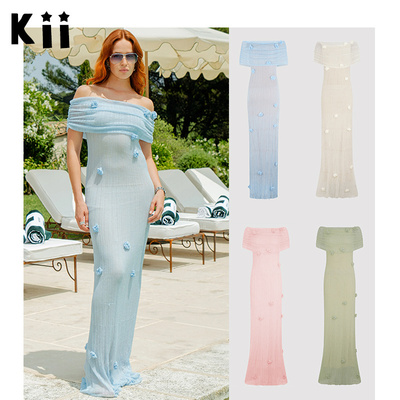 Meshki立体花针织一字领连衣裙