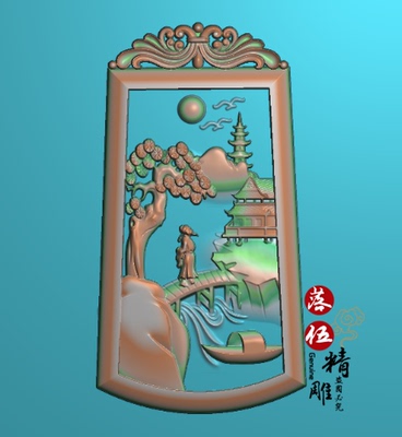 牌头框山水人物江南风景李白过桥小船方牌4001凹底精雕图电脑雕刻