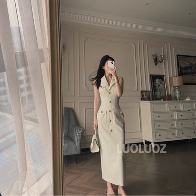 夏季高级感无袖收腰长款连衣裙