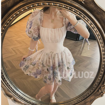 LUOLUOZ【月貌花容】高级气质绝美色系收腰泡泡袖短款连衣裙JF820