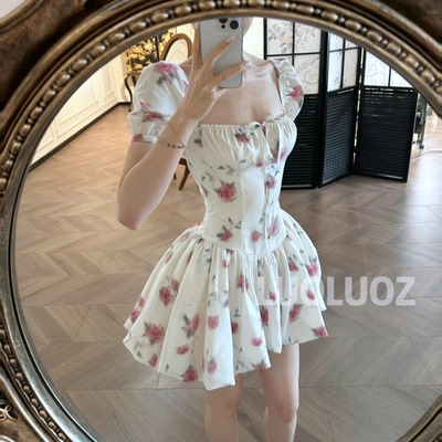 LUOLUOZ【花影蓬裙】法式方领收腰显瘦泡泡袖短款连衣裙JF1521
