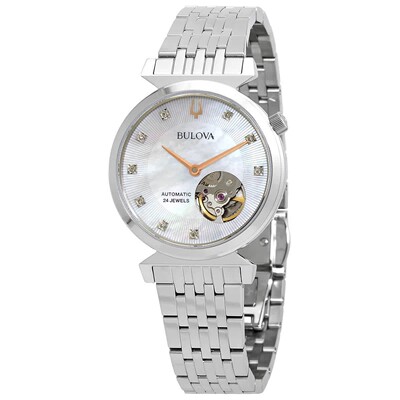 美国代购宝路华Bulova 96P222女手表Regatta自动机械镶钻白色表盘