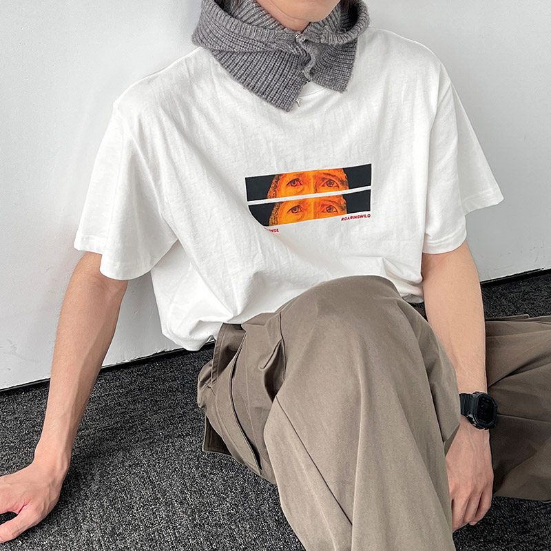 ROARINGWILD 咆哮野兽 夏季潮流圆领印花宽松oversize男生短袖T恤