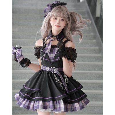 啦啦酱 暗夜蔷薇 日系紫色格子偶像打歌服一字肩短袖连衣裙套装