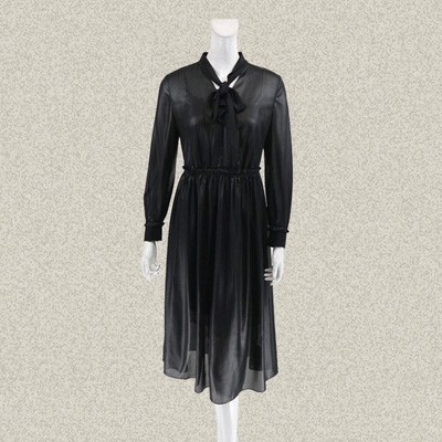 仿F 正品 松紧腰飘带领假两件睫毛蕾丝拼黑色女春秋连衣裙 00365