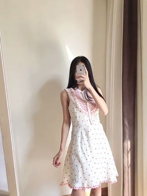 欧洲站 Red 18春夏新款无袖圆领绣花荷叶边连衣裙显瘦女装 83080