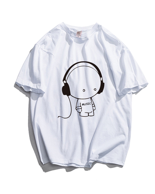 耳机音乐卡通人可爱简约短袖T恤男女情侣2025新款纯棉宽松大码