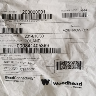 Molex 803000E03M020  000841405399  1200060001 M12  3芯母头3m