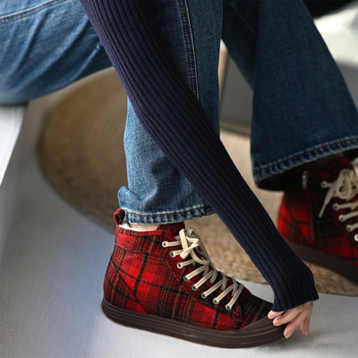 圣诞新年红格布面加绒系带短靴女