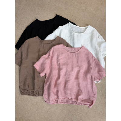 时尚简约圆领夏季亚麻休闲女装上衣9772