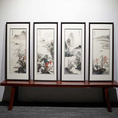 苏绣挂画新中式纯手工千里江山客厅山水背景餐厅书房四屏条装饰画