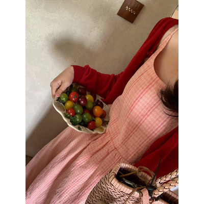 ZNG SHOP女装“樱桃子”棉麻格子敲美色系吊带连衣裙