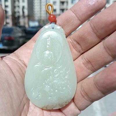 新疆和田玉青白玉观音玉牌子挂件
