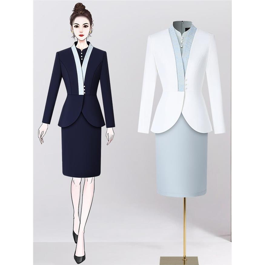 中式国风立领连衣裙长袖女职业装套装两件套茶楼酒店服务员工作服